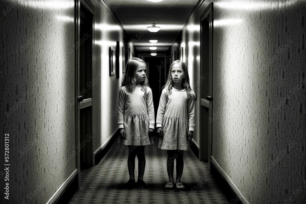Two creepy girls in a corridor, scary movie style - generative ai Stock ...