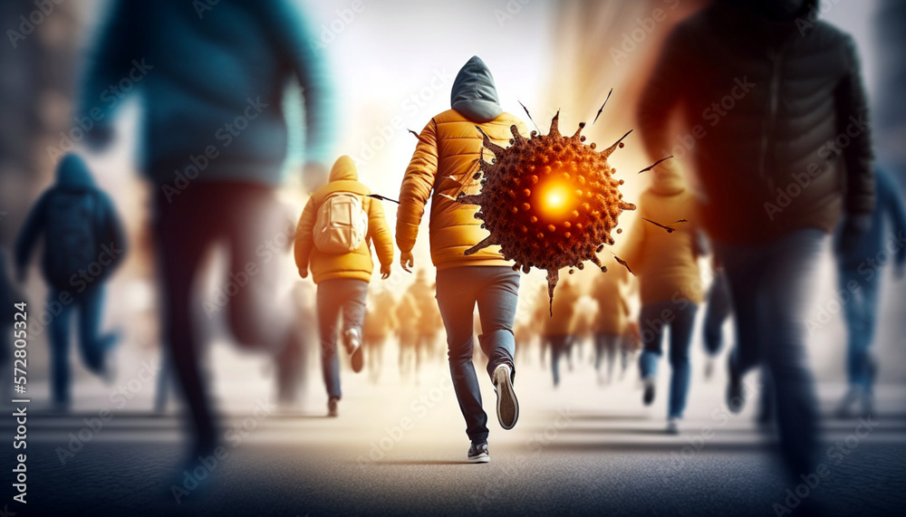 Panic people running away from gigant virus. Coronavirus, epidemic and ...