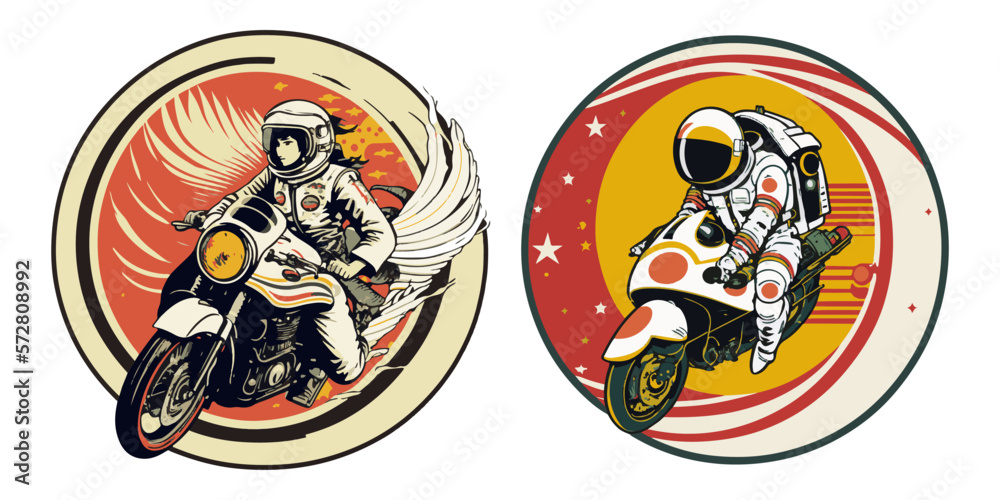 Vector illustration of a flying astronaut on a motorcycle on a white ...