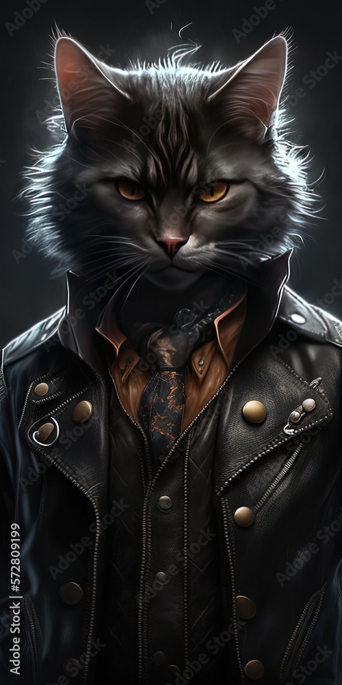 In a cool and stylish illustration, a cat wearing a leather jacket is ...
