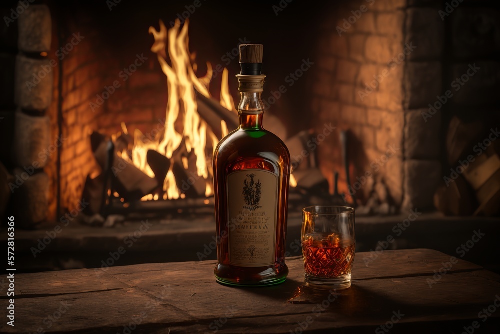bottle of whiskey in front of fireplace with lit fire. ai generative ...