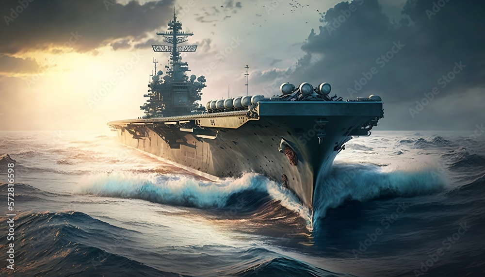 Military concept. Aircraft carrier crossing the ocean with Generative ...