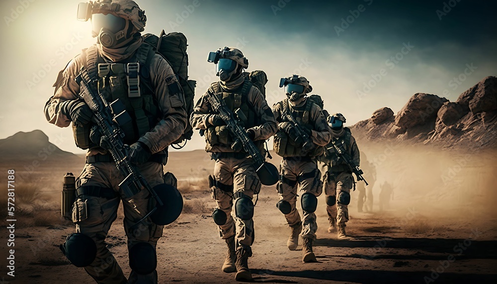 The concept of military units. soldiers with arms and Command Center ...