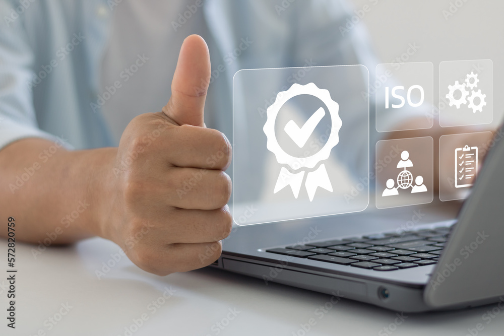 Businessman showing raised thumbs with certificate icon. Certification ...