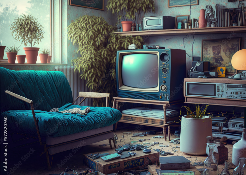 Messy living room interior. Generative AI Stock Illustration | Adobe Stock