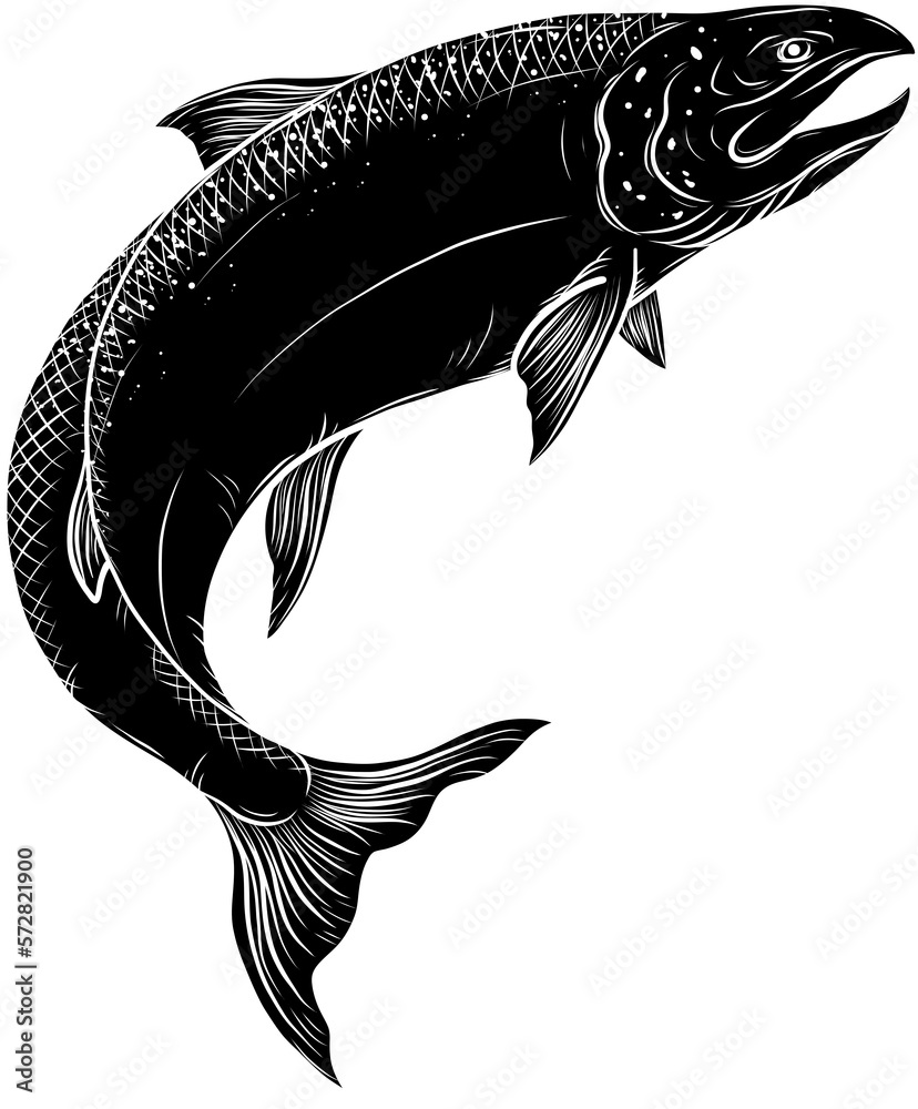 Salmon art highly detailed in line art style.Fish png by hand drawing ...