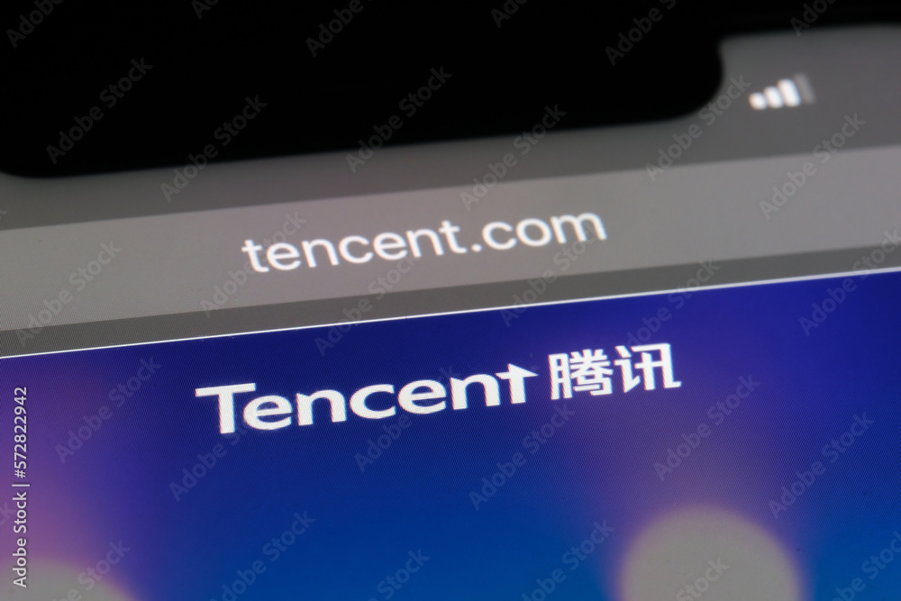 Shanghai,China-Feb. 17th 2023:close up Tencent Holdings company brand ...