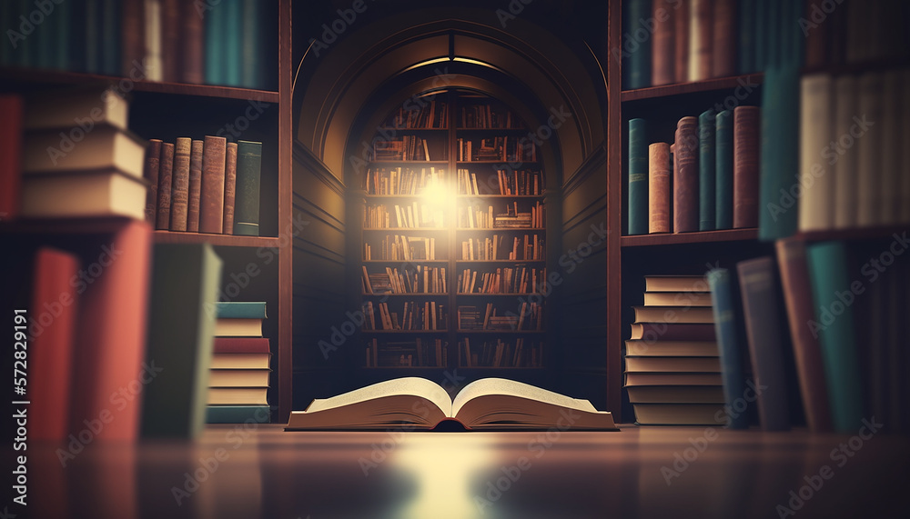 Closeup view of open book in library with blur bookshelf in background ...