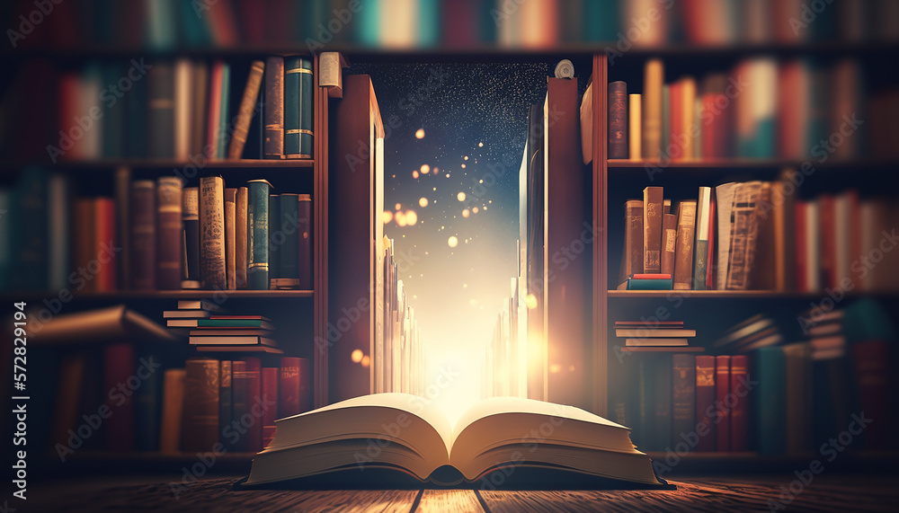 Closeup view of open book in library with blur bookshelf in background ...