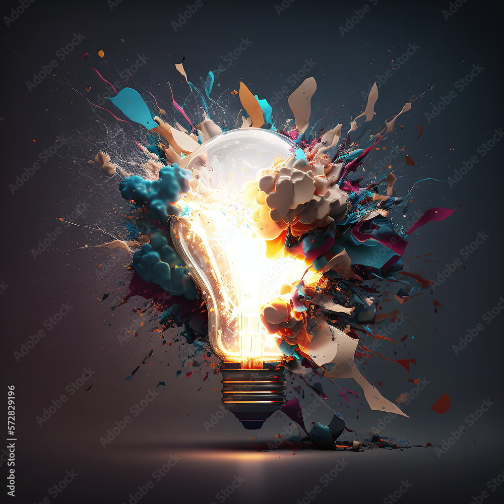 Explosive light bulb with a big spark of creative electricity on dark ...