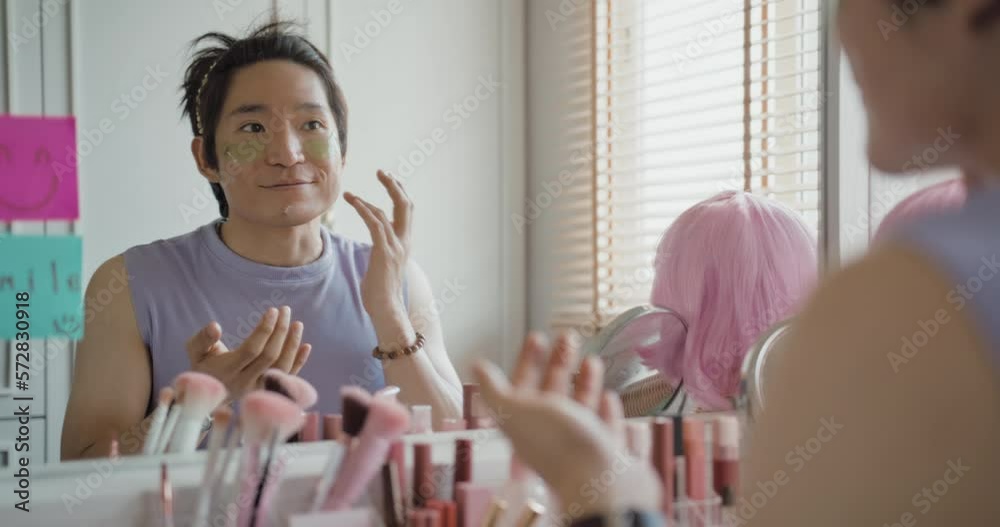 Gay queer man non-binary beauty blogger makeup artist at home cross ...
