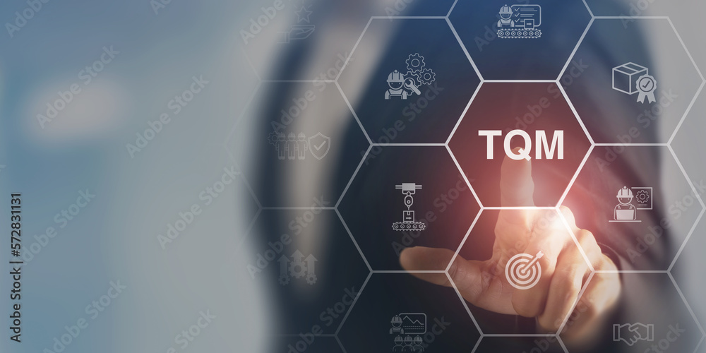 Total quality management (TQM) concept. Touching on smart screen with ...