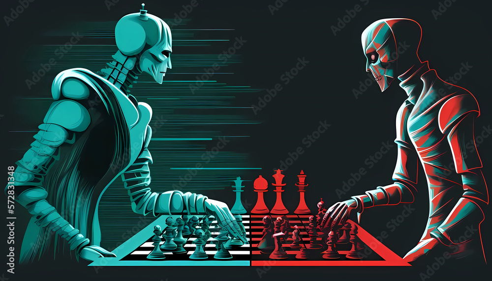 The robot is playing chess at the table. Concept of a cyborg with ...
