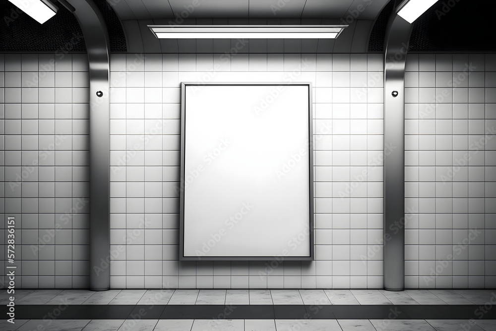 Blank white digital billboard black frame light box in subway station ...