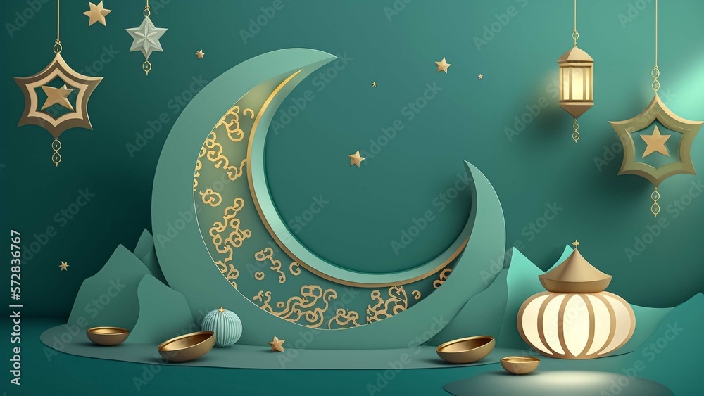 3D illustration of classic teal Muslim Islamic festival theme product ...