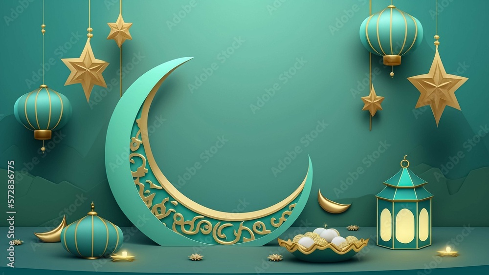 3D illustration of classic teal Muslim Islamic festival theme product ...