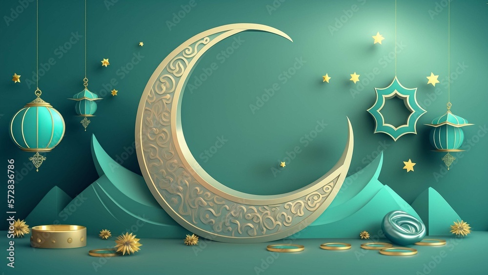 3D illustration of classic teal Muslim Islamic festival theme product ...