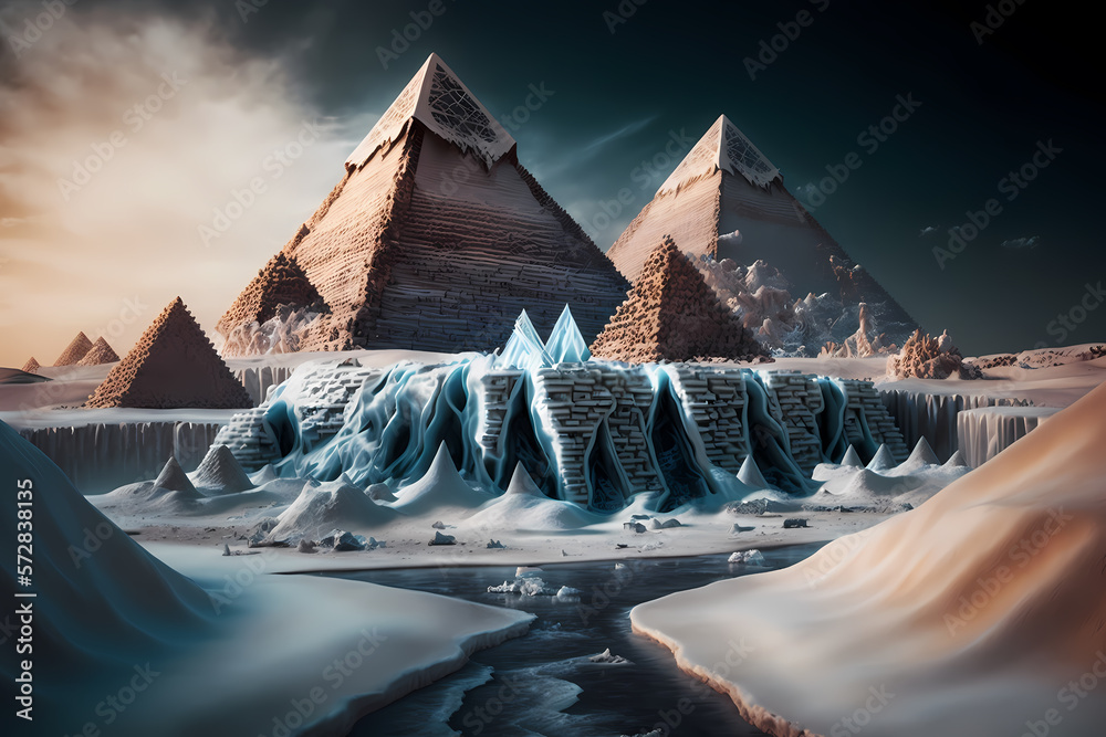 Frozen Egypt ancient pyramids in snow. Concept Global cooling, Winter ...
