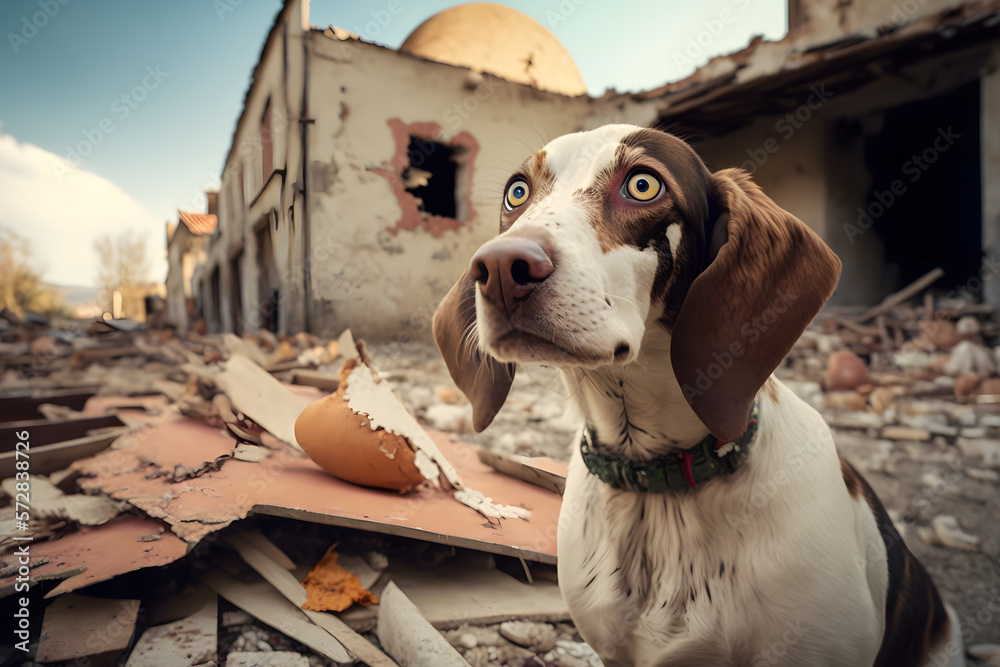 Rescue dog working Earthquake in Turkey background rubble of house ...