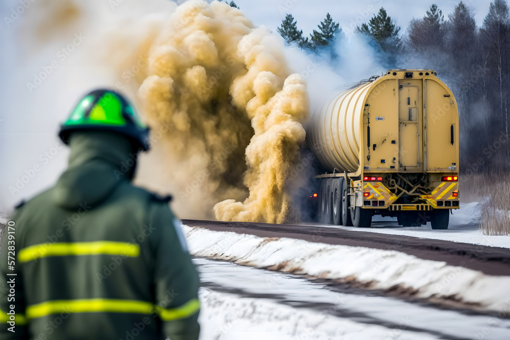 Car freight with oil and hazardous crashed on highway. Fireman ...