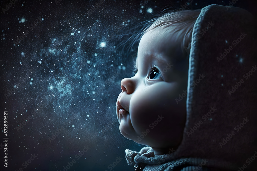 Cosmic baby child looking into the night galaxies and stars in awe ...