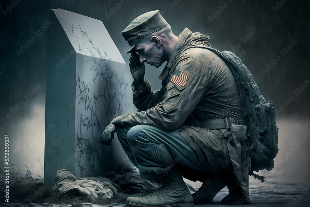 Military man kneeling of grave fallen soldier, dramatic mood. Concept ...