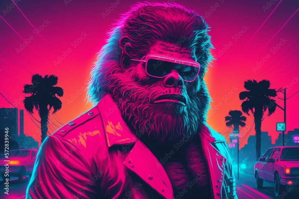 Synthwave Portrait of a Sasquatch dressed in a suit and sunglasses ...