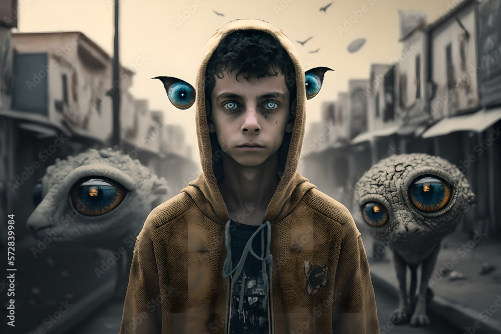 A bizarre black child alien with piercing blue eyes, a hybrid is waking ...