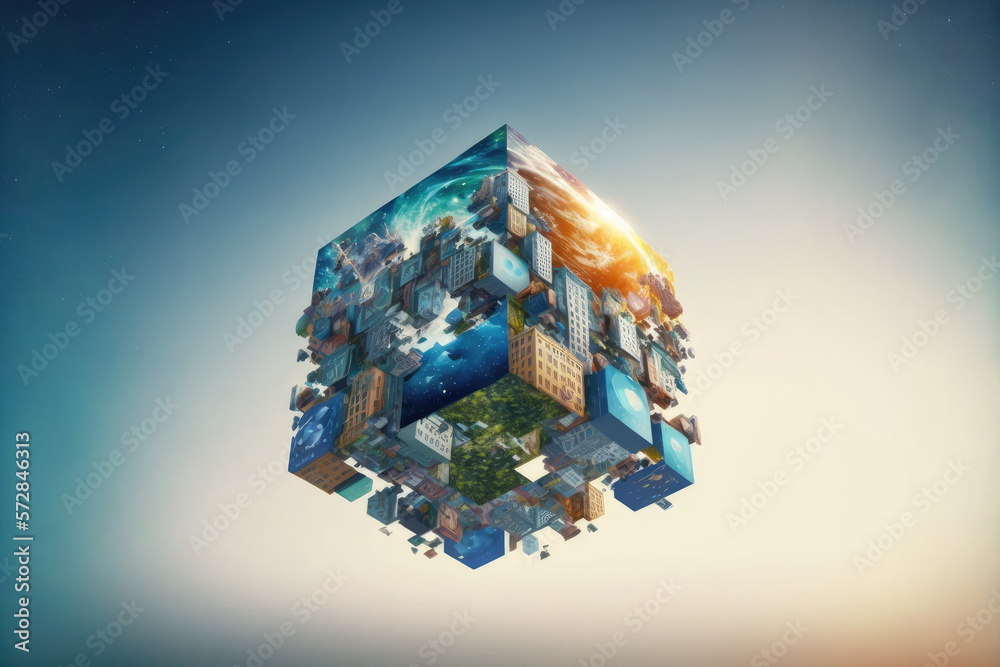 Abstract multiverse world with cubic landscape of nature and city ...