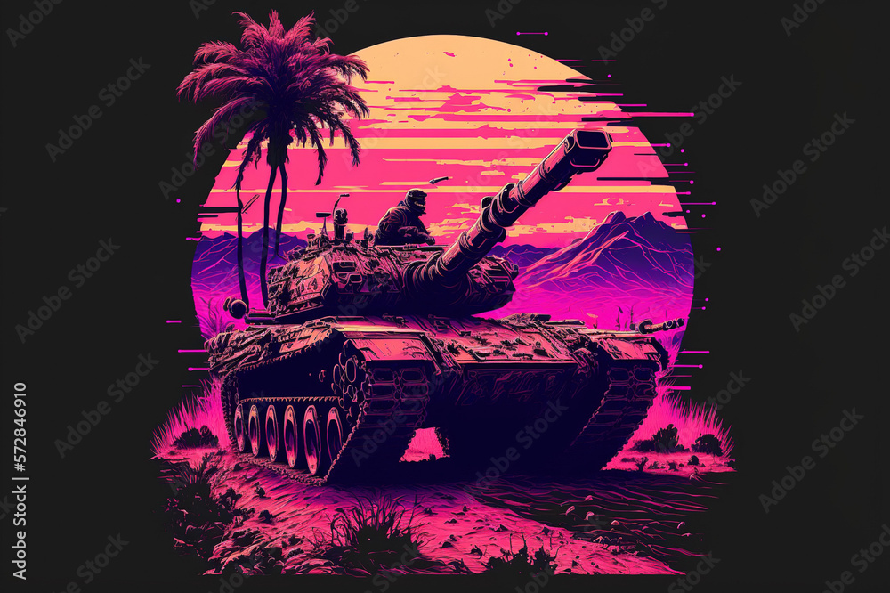 Military armor tank illustrated in retro neon light and vaporwave ...