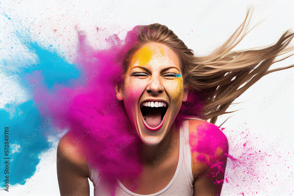 Young beautiful laughing girl under explosion of colored powder at Holi ...