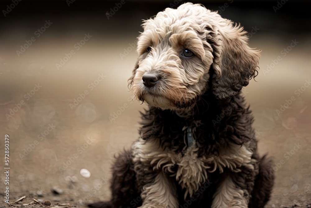 image of a labradoodle sitting on the ground in closeup, looking ...