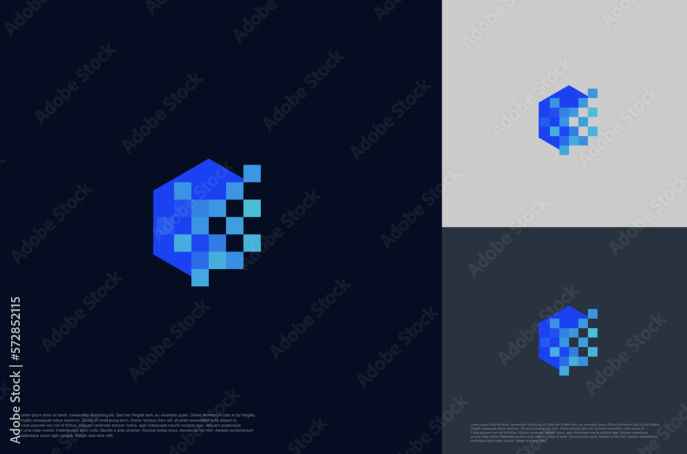 Abstract digital hexagonal pixel connecting global technology logo ...