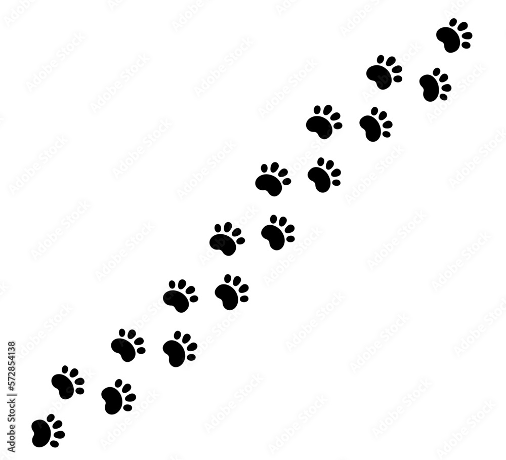 Dog paw print diagonal line. Cute cat pawprint. Pet foot trail. Black ...