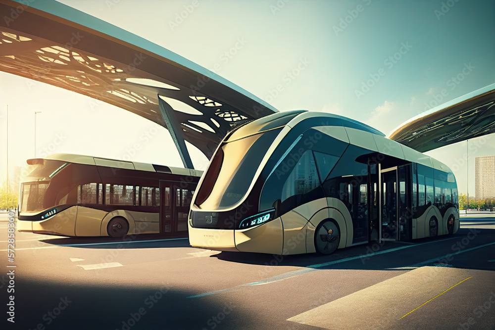 A public transportation hub in a fully autonomous city, with electric ...