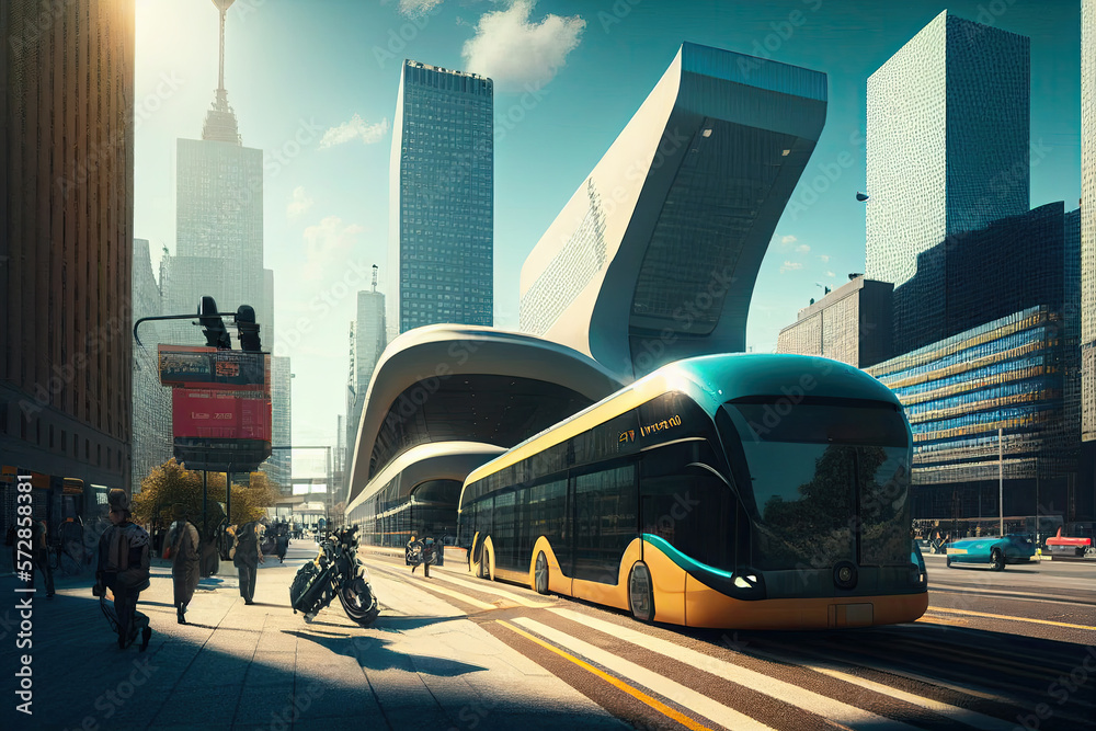 A public transportation hub in a fully autonomous city, with electric ...