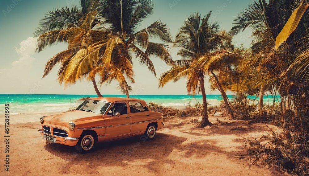 Vintage car cruising on the beach - retro photo" Generative AI Stock ...
