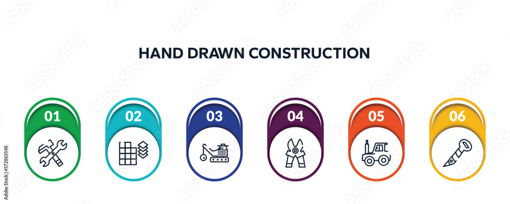 hand drawn construction outline icons with infographic template. thin ...