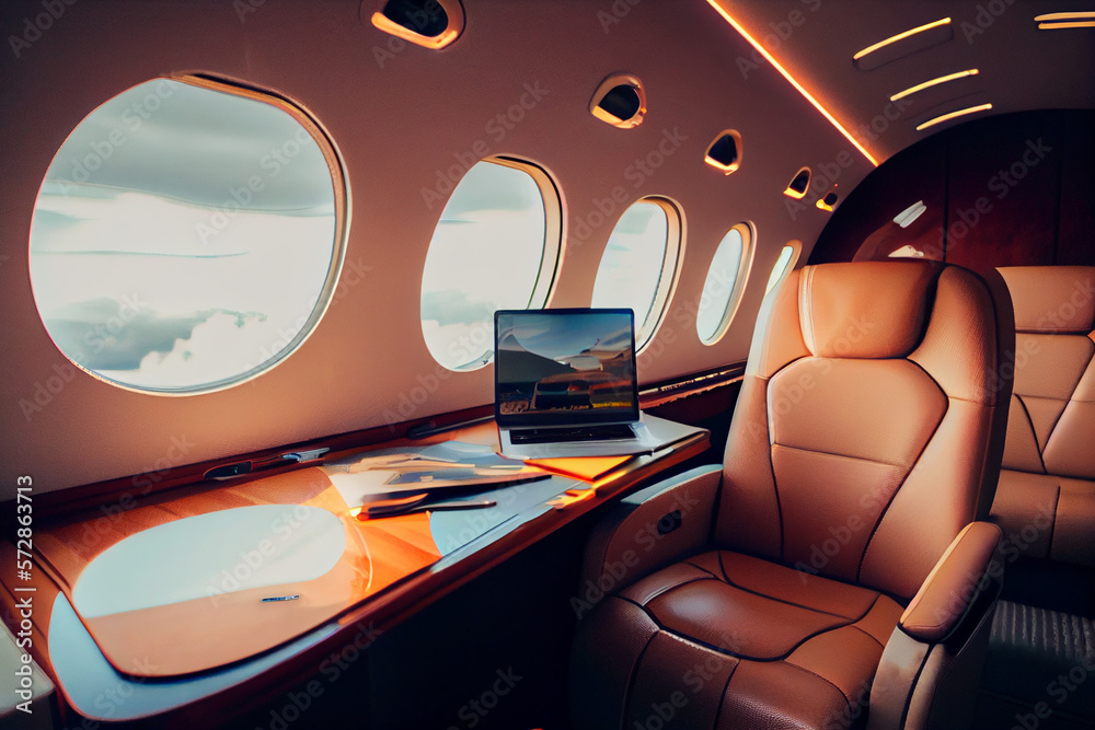 Luxury interior in the modern business jet and sunlight at the window ...