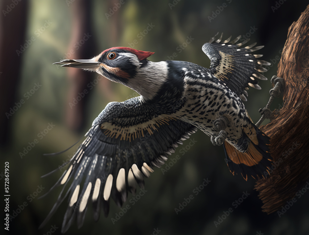 woodpecker flying in mid of jungle enjoying nature with a bright sky ...