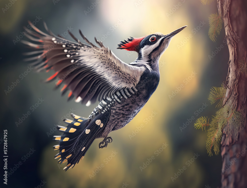 woodpecker flying in the air and enjoying nature with a bright sky ...