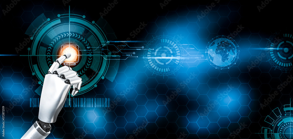 Machine learning concept, robot hand touching fingerprint, computer ...