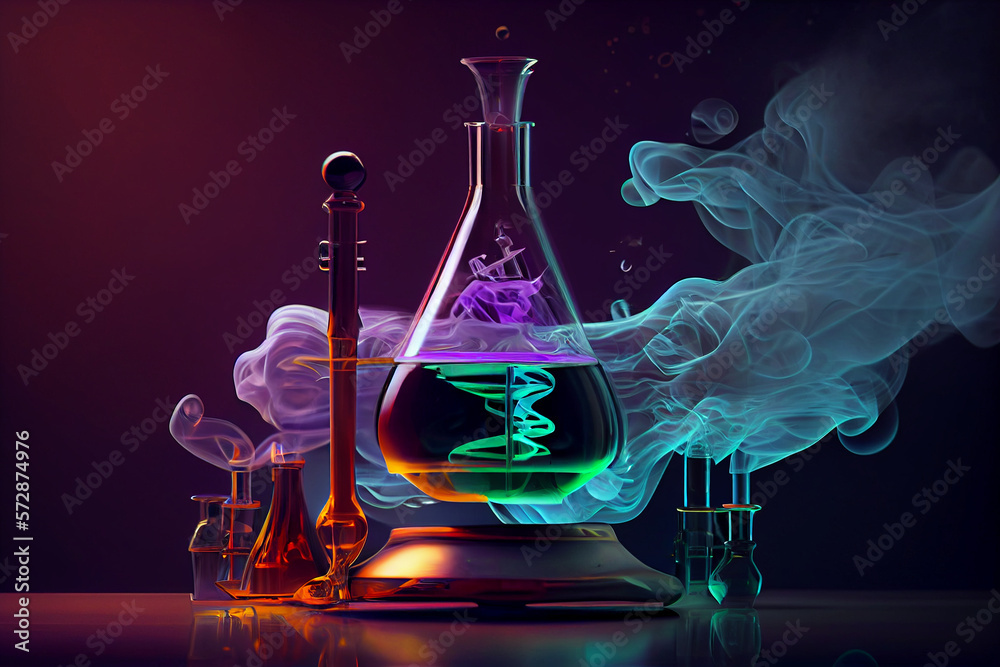 Beaker chemical flasks with colored medical liquids and colorful smoke ...