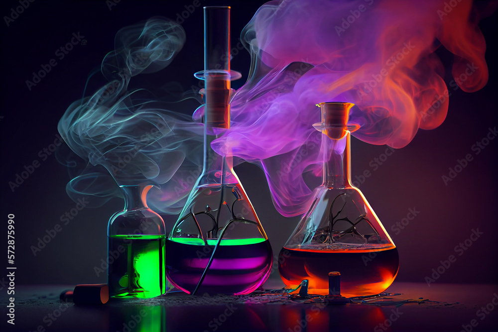 Beaker chemical flasks with colored medical liquids and colorful smoke ...