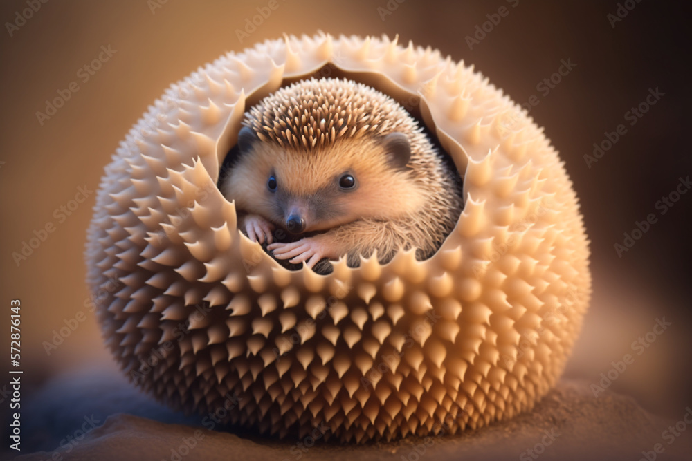 a tiny hedgehog curled up in a ball, with its spines sticking out all ...