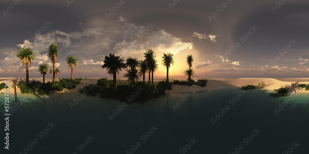 Oasis at sunset in a sandy desert. Environment map. HDRI . equidistant ...