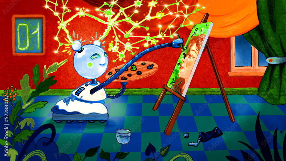 Bright and vivid hand drawn illustration of a robot using neural net ...