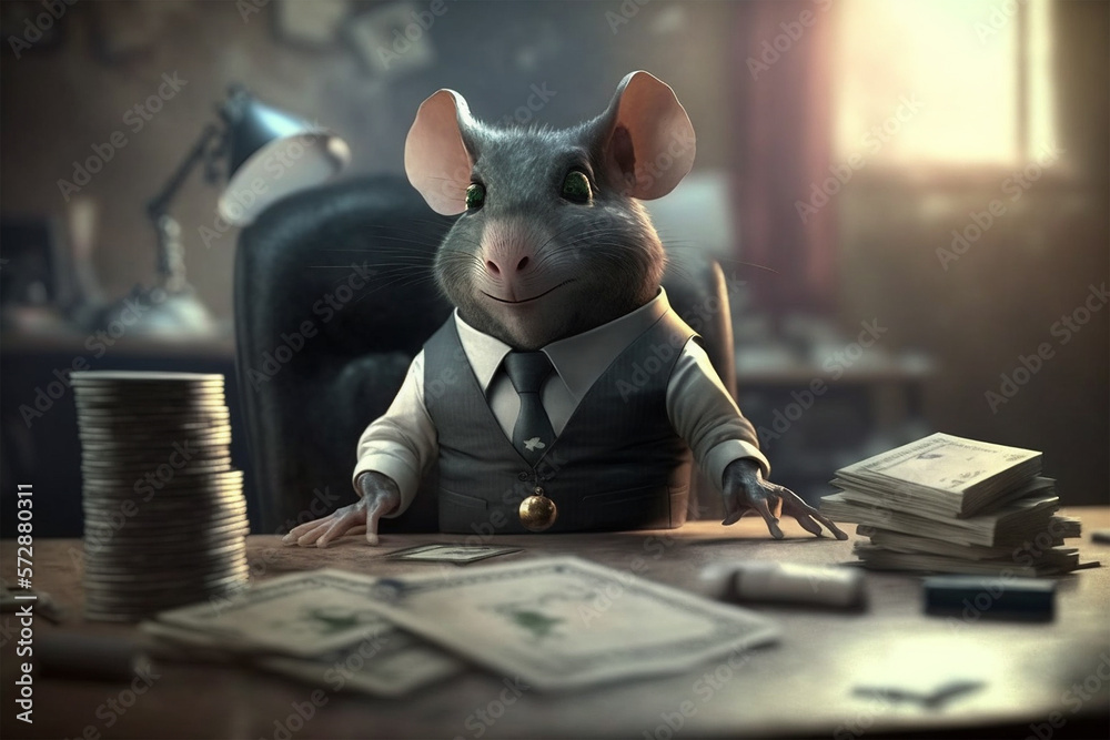 A Mouse Wearing A Suit Sitting Behind A Desk With A Stack Of Money On ...