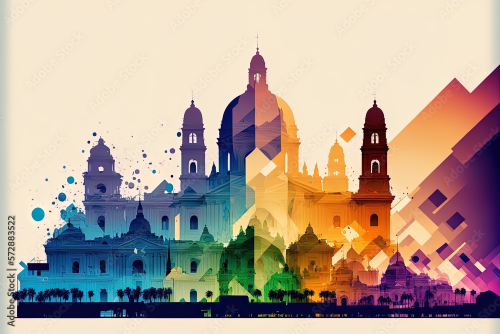 Skyline of Lima, Peru, with Translucent Layers and Gradient Landmarks ...