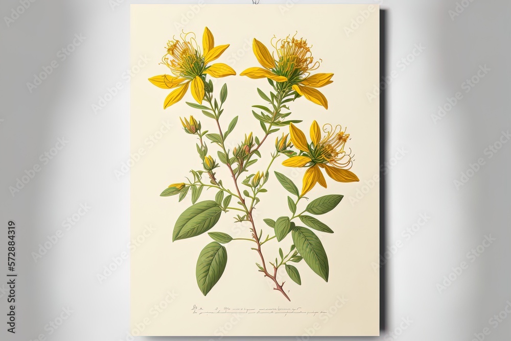 Herb of St. John (hypericum perforatum). Botanical drawing in black ink ...